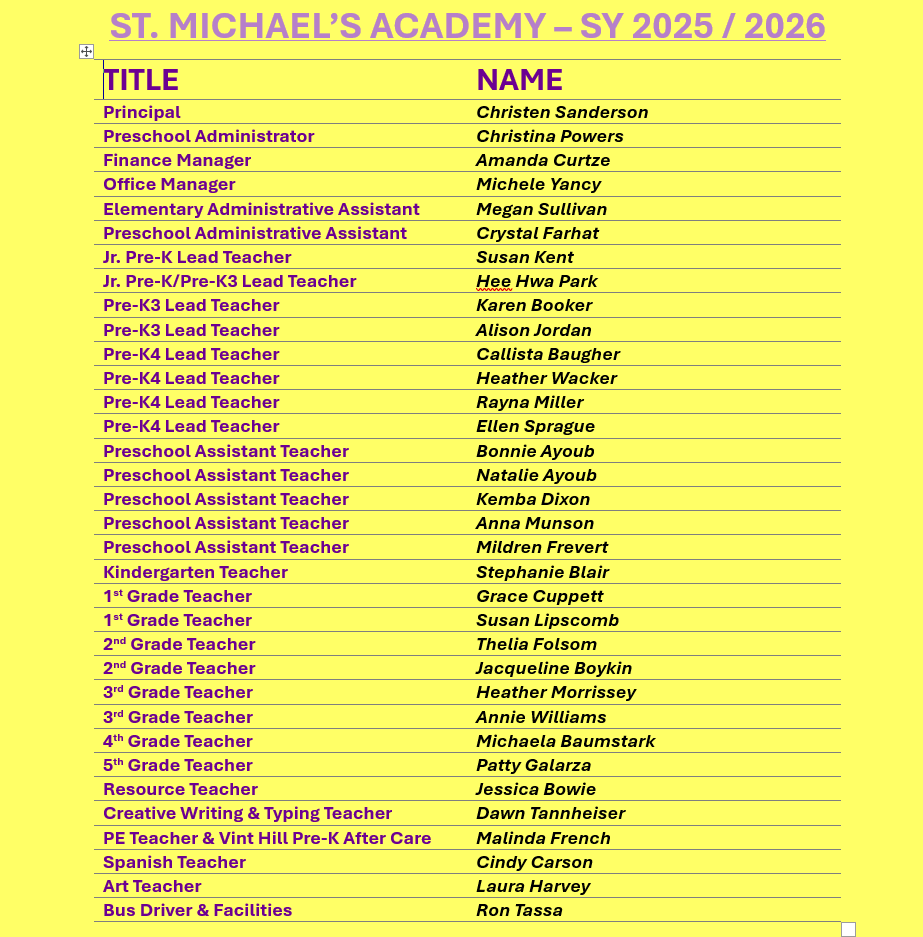 SMA Staff list 25-26 - St. Michael's Academy I Pre-K to Grade 5